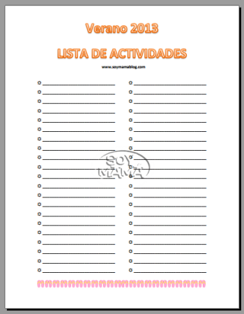 Imprimible: Lista de actividades - Verano 2013